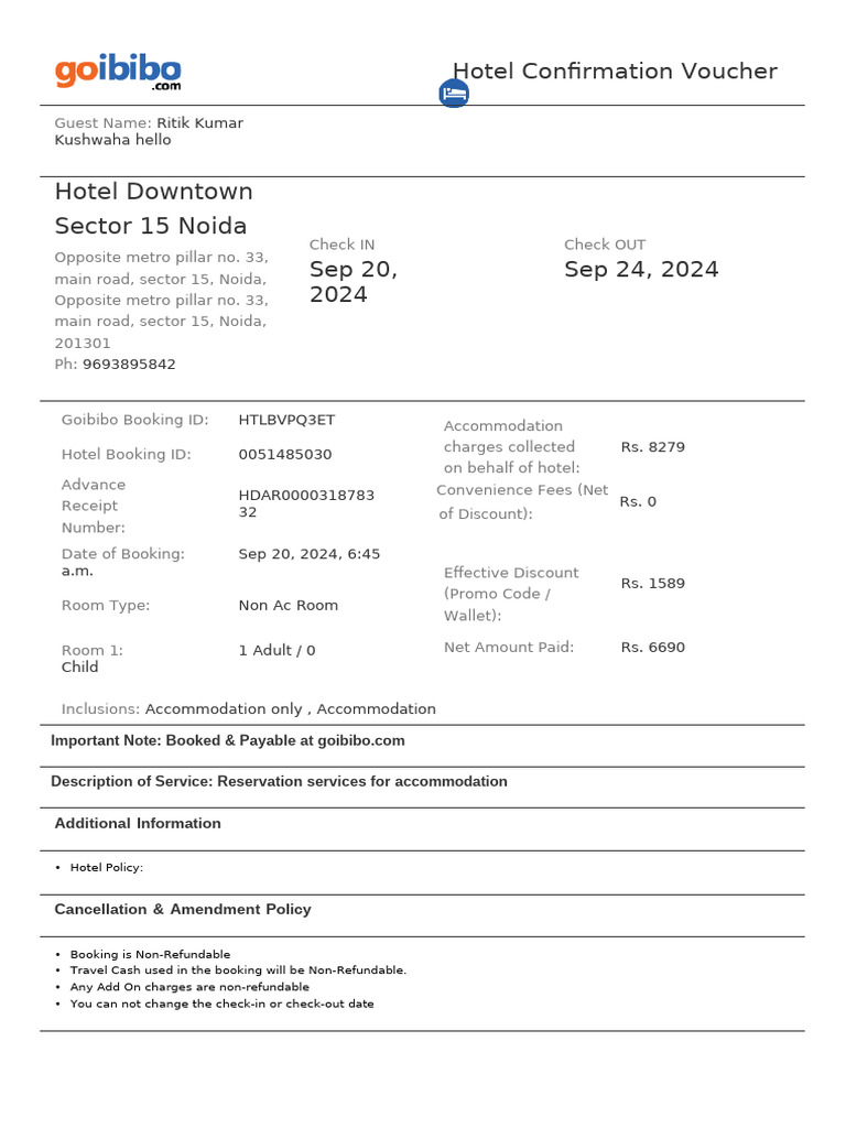 415439812-Goibibo-Hotel-Bill | PDF | Fee | Payments