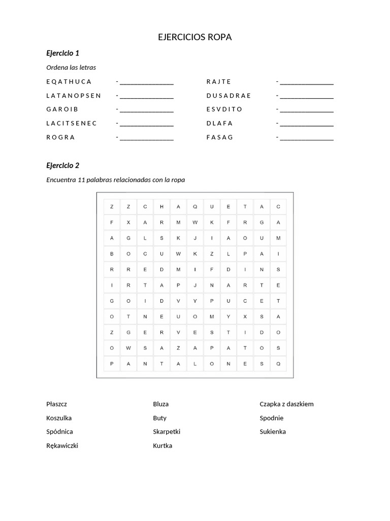 Ejercicios de vocabulario sobre ropa | PDF