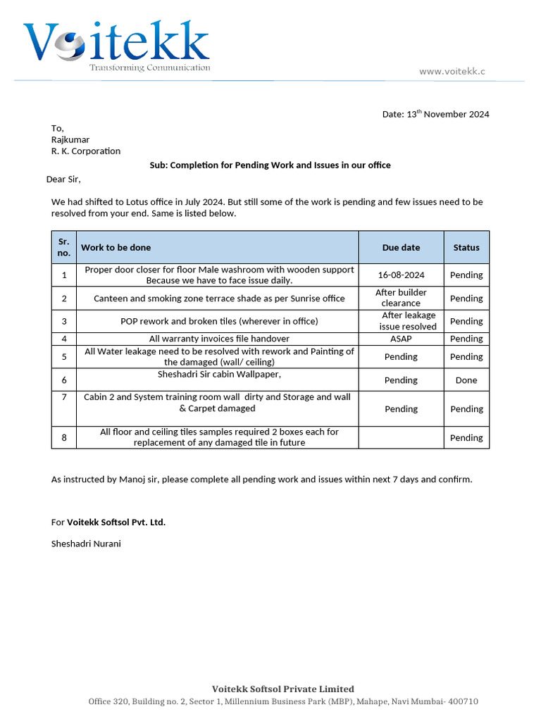 Pending Work Completion for R. Rajkumar | PDF | Interior Design ...
