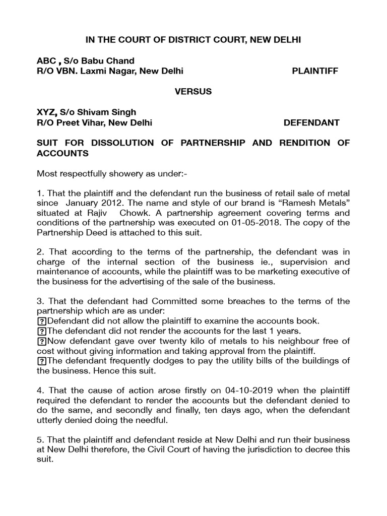 Partnership Dissolution Suit in Delhi | PDF | Lawsuit | Private Law