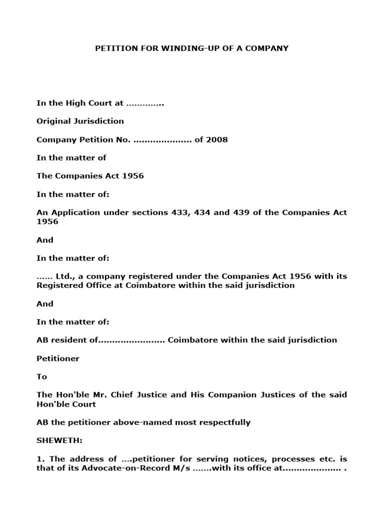 Petition for Company Winding-Up | PDF | Liquidation | Affidavit