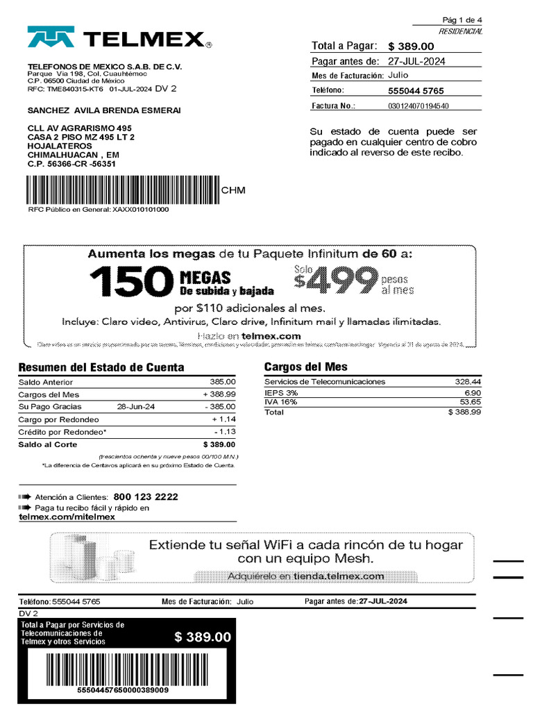 Recibo Telmex | PDF
