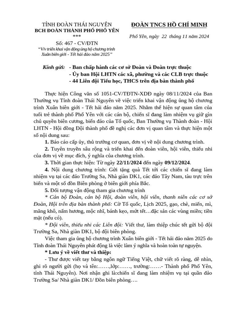 467- CV vận động ủng hộ chương trình xuân biên giới tết hải đảo 2025 | PDF