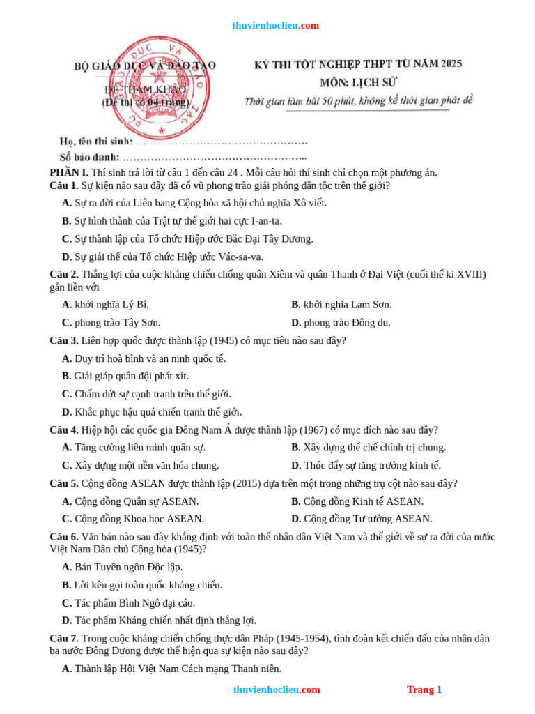 Thuvienhoclieu.com de Minh Hoa Ki Thi TN 2025 Mon Lich Su | PDF
