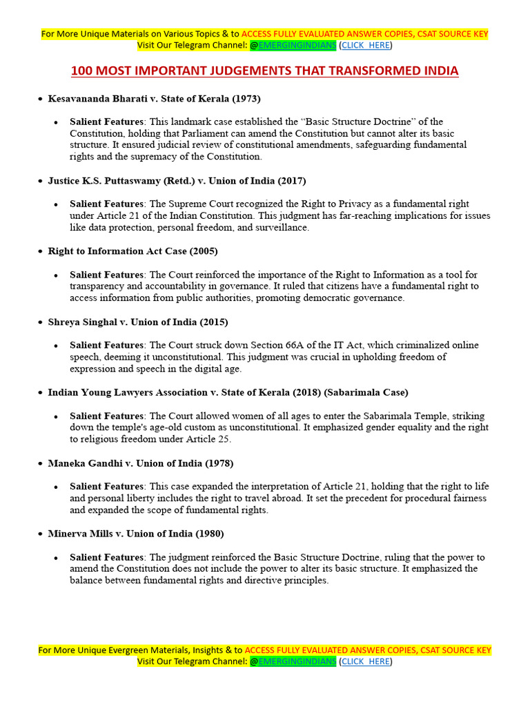 Landmark Judgments Transforming India | PDF | Justice | Crime & Violence