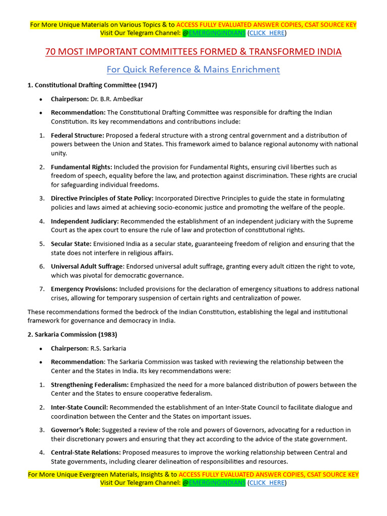 Key Indian Committees & Reforms | PDF | Governance | Agriculture