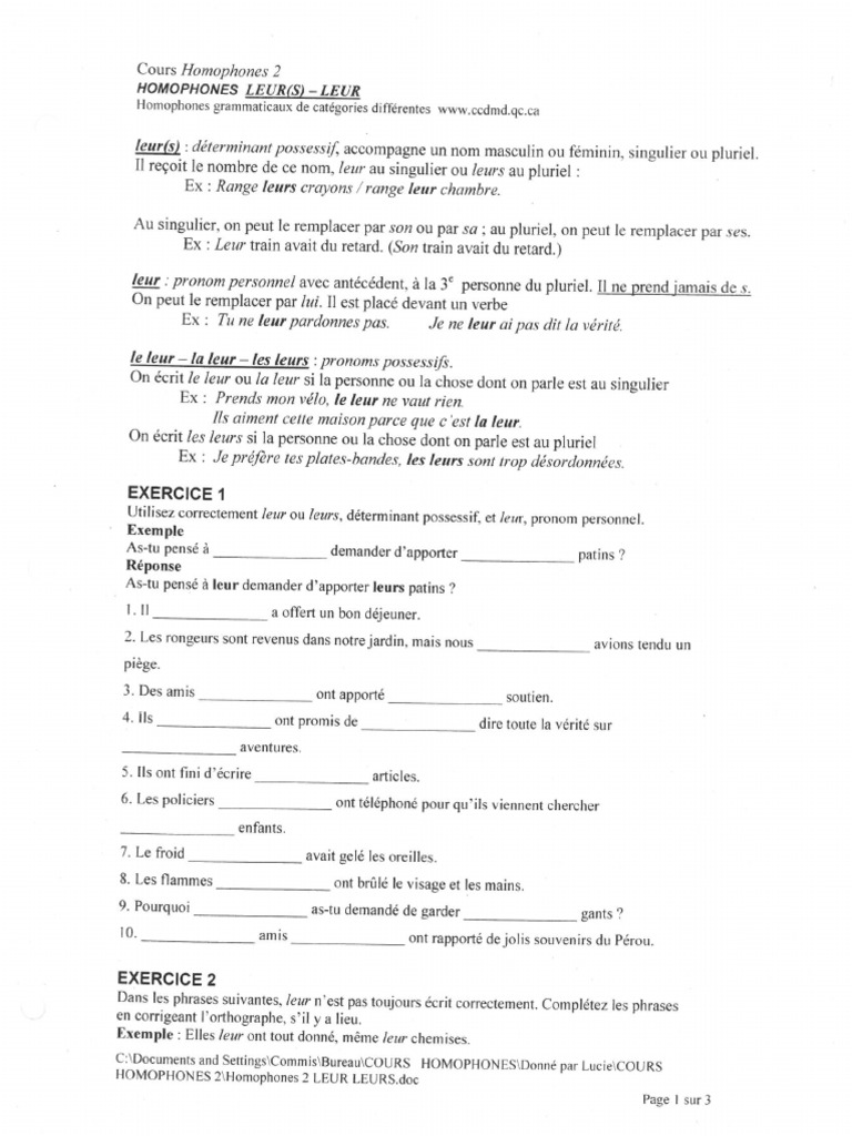 Leurs-Leur-Cours-Homophones-2-1 | PDF