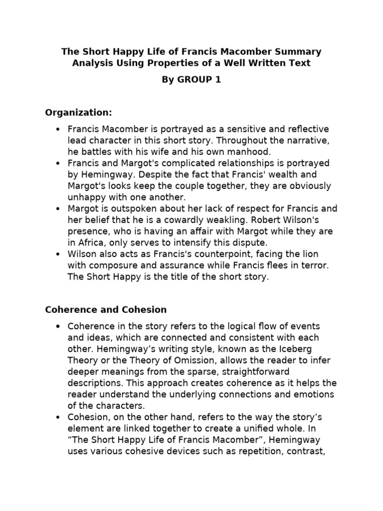 The Short Happy Life of Francis Macomber Summary Analysis Using ...