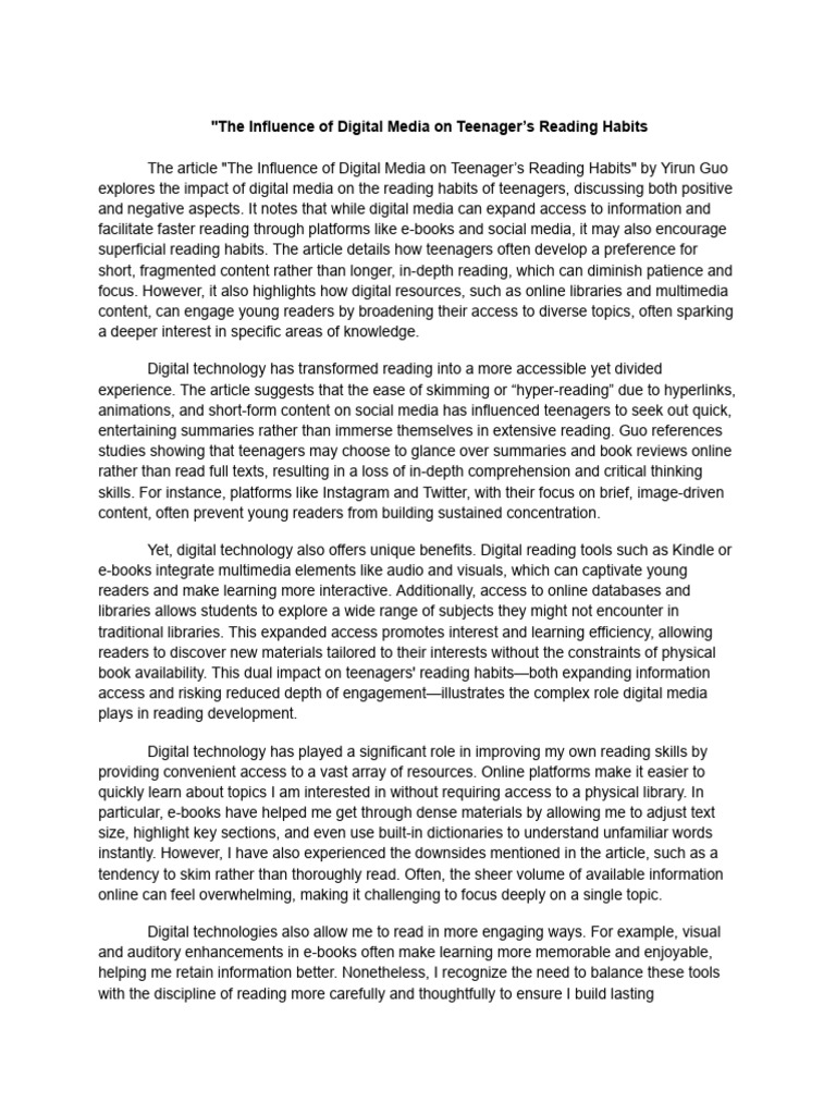 Digital Media's Impact on Teen Reading | PDF | Reading Comprehension ...