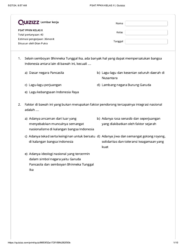 PSAT PPKN KELAS X _ Quizizz | PDF