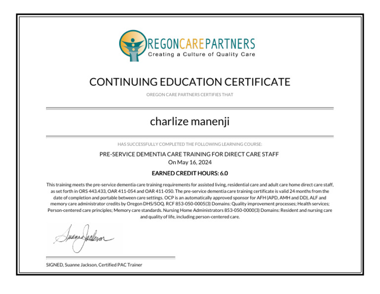 Certificate Pre-Service Dementia Care Training for Direct Care Staff ...