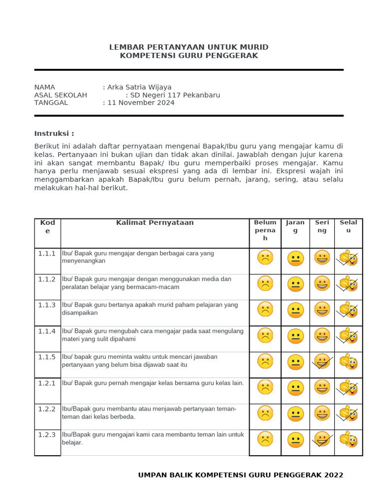 Lembar Kuisioner Murid SD III - VI Arka | PDF