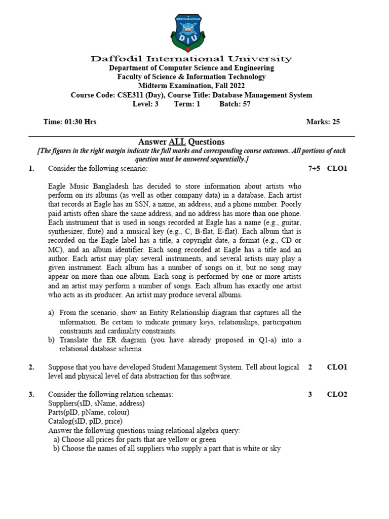 DBMS Midterm Question Fall 2022 | PDF | Relational Model | Databases
