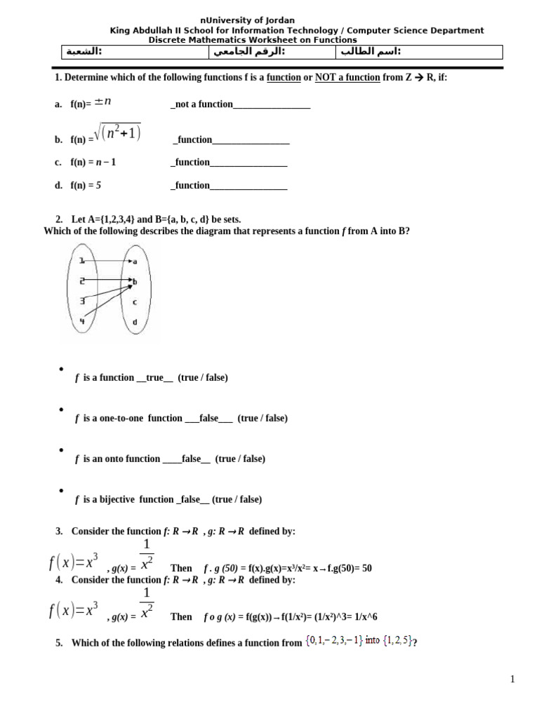 Functions Worksheet | PDF