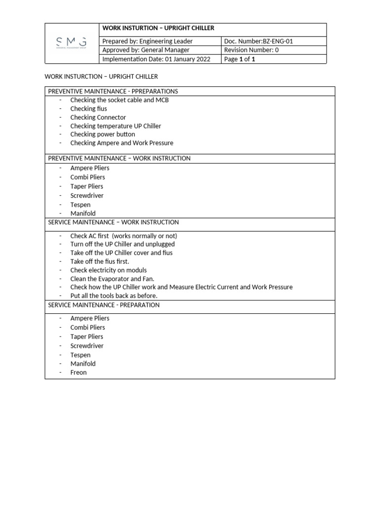 Upright Chiller Maintenance Checklist | PDF