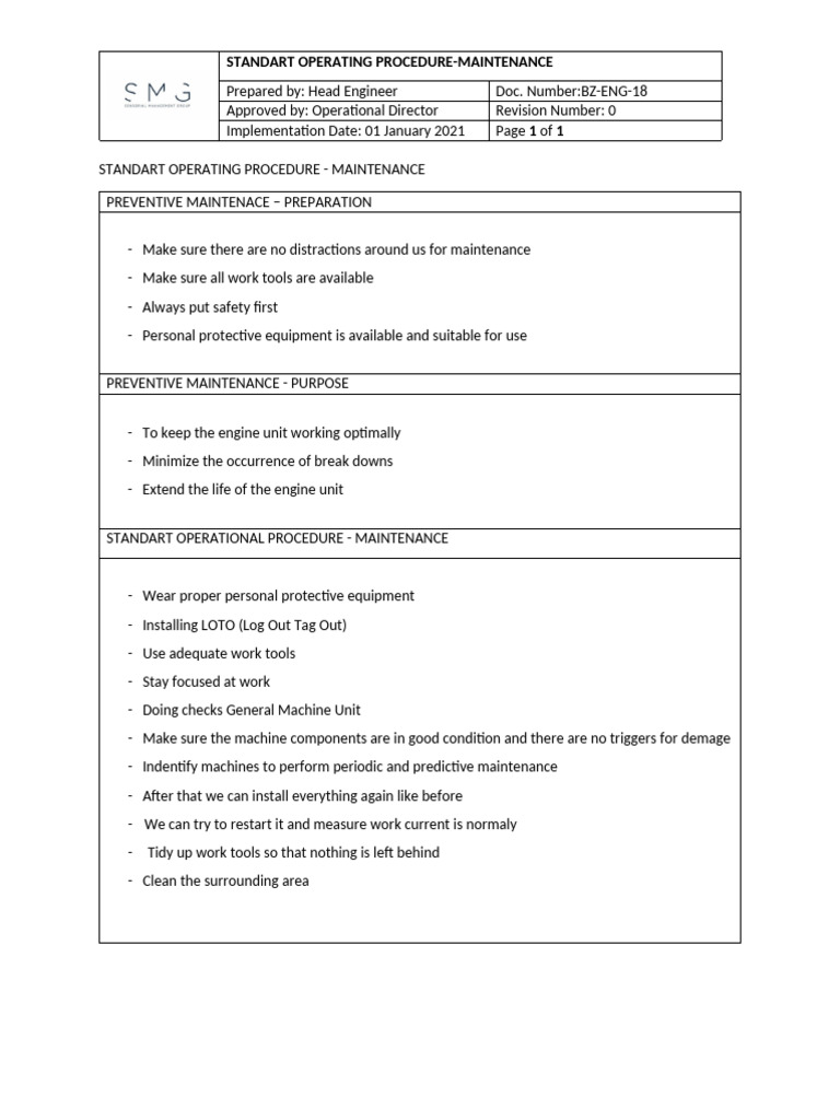 SOP Maintenace | PDF
