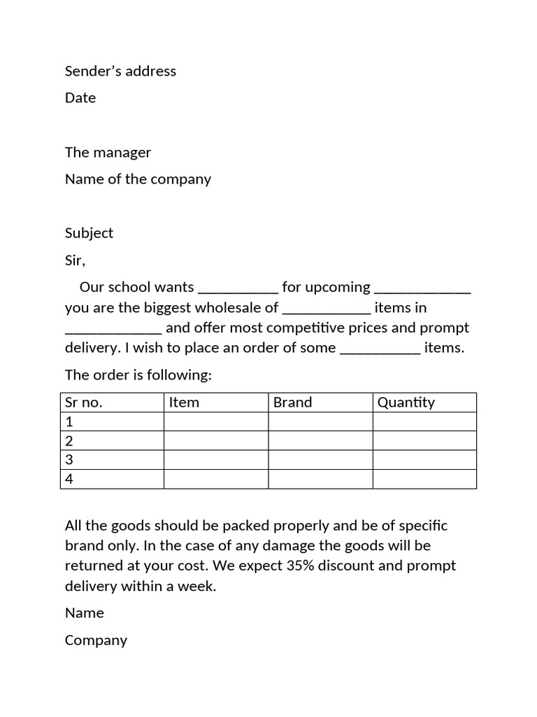 Letter To Place An Order | PDF