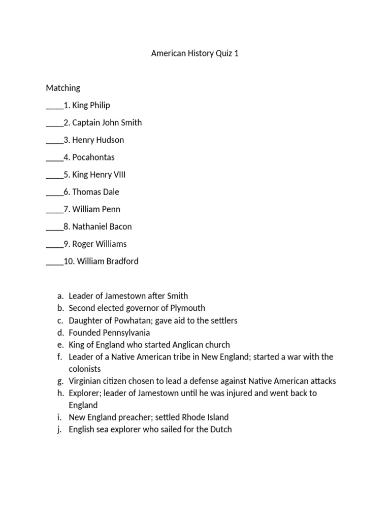 American History Quiz: Key Figures & Terms | PDF | Jamestown, Virginia ...
