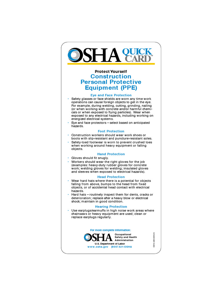 Construction Personal Protective Equipment (PPE) Quick Card OSHA | PDF