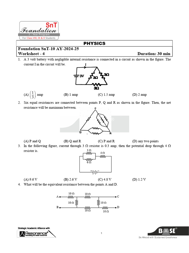 10th Physics Practice Worksheet 4 Q | PDF | Electrical Resistance And ...