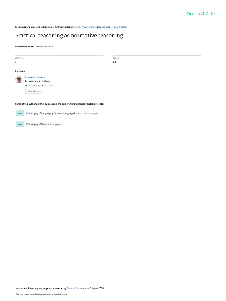 SCHUMANN - Practical Reasoning As Normative Reasoning | PDF | Inference | Intention