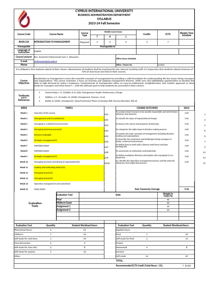 BUSN 250 Syllabus 2023-2024 Fall | PDF | Strategic Management | Cognition