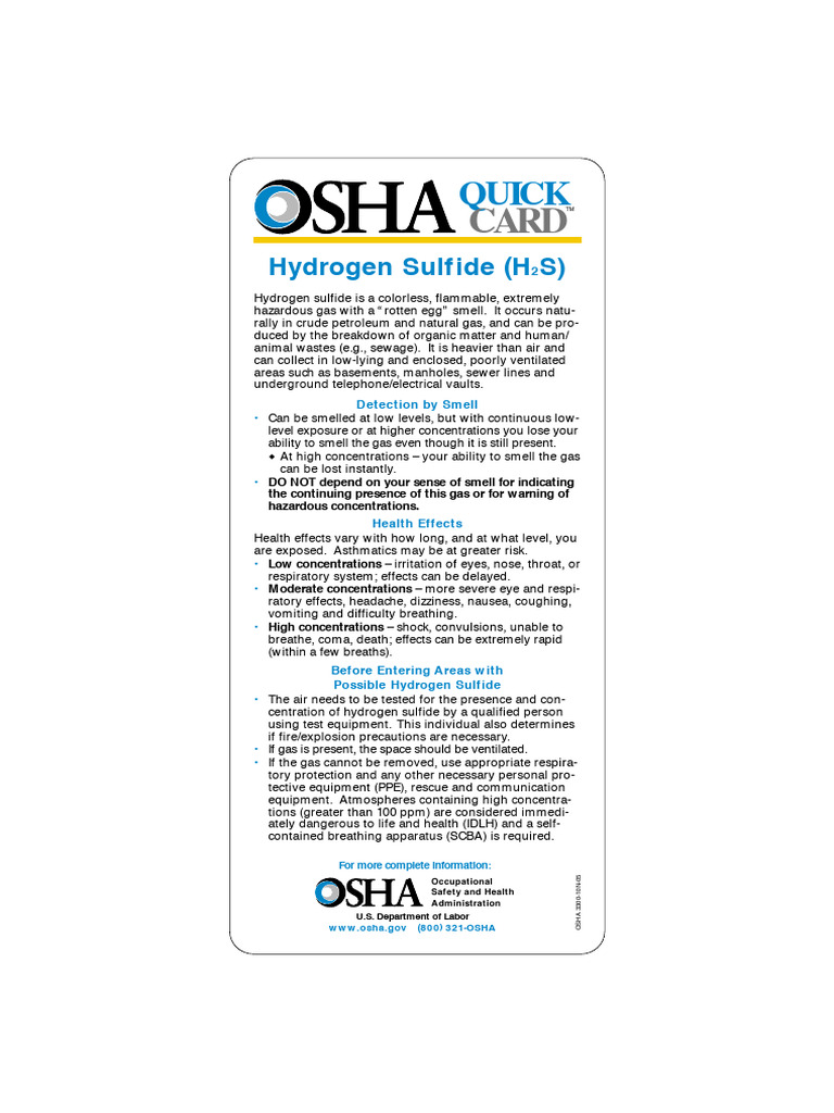 Hydrogen Sulfide (H2S) - Quick Card OSHA | PDF | Occupational Safety ...