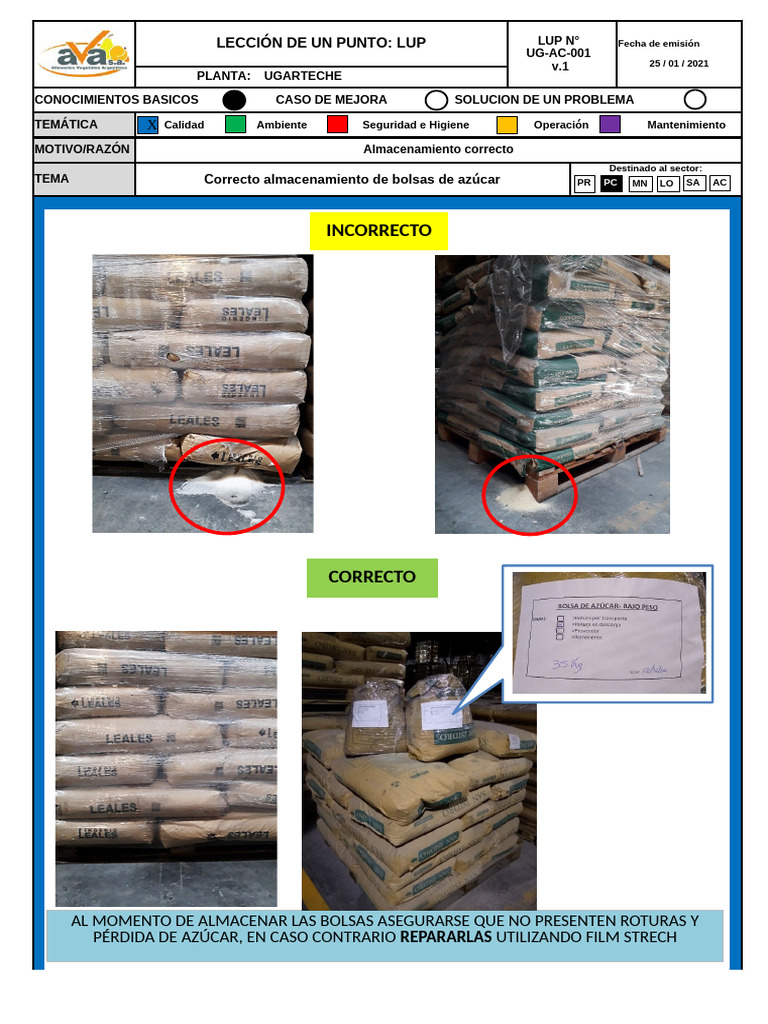 UG-AC-001 Correcto Almacenamiento de Bolsas de Azúcar | PDF