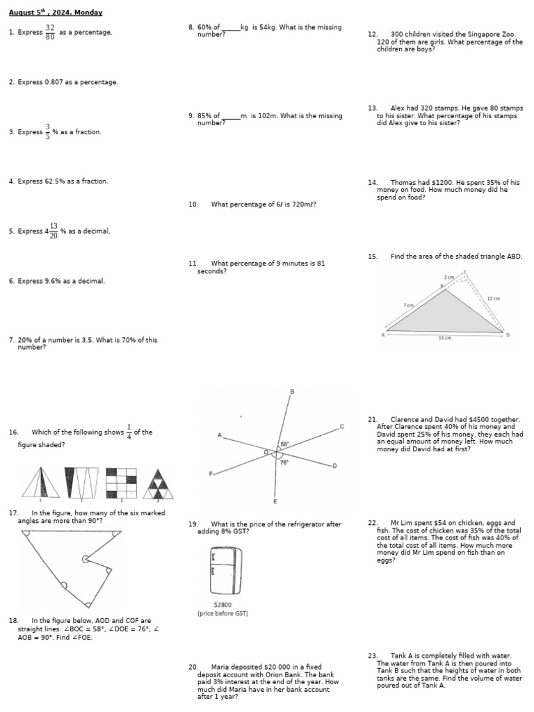 P5 Math Worksheet 4 | PDF | Percentage | Elementary Geometry