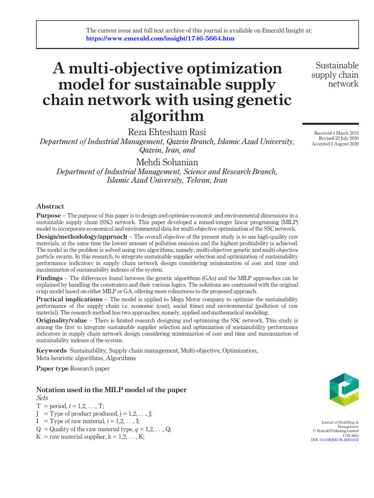 A Multi-Objective Optimization Model For Sustainable Supply Chain Network With Using Genetic ...