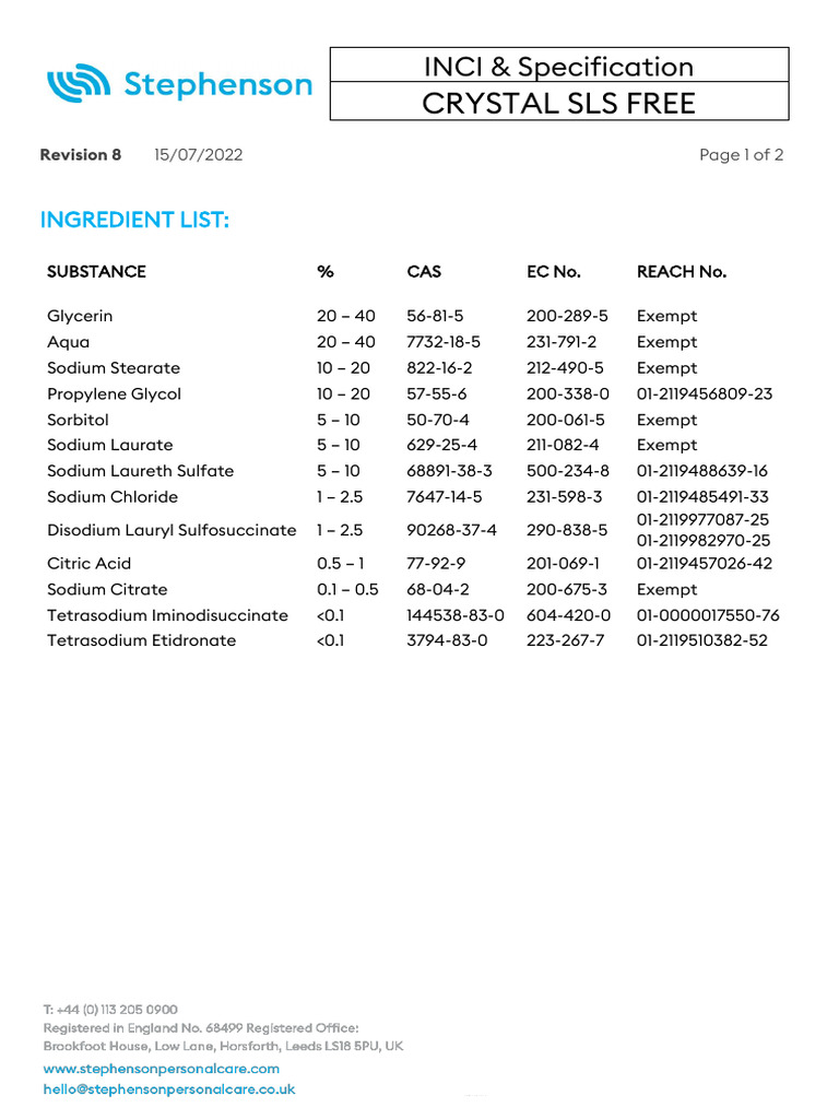 CRYSTAL SLS FREE - INCI - Specification Rev 8 | PDF