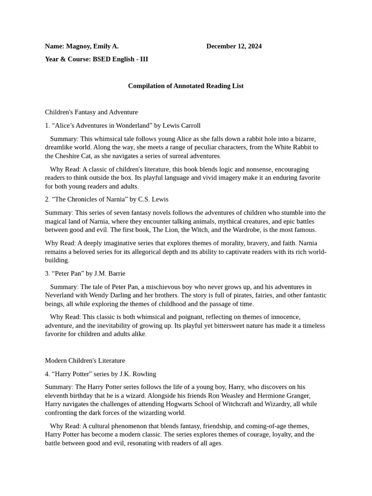 Compilation of Annotated Reading List | PDF | Harry Potter | The ...