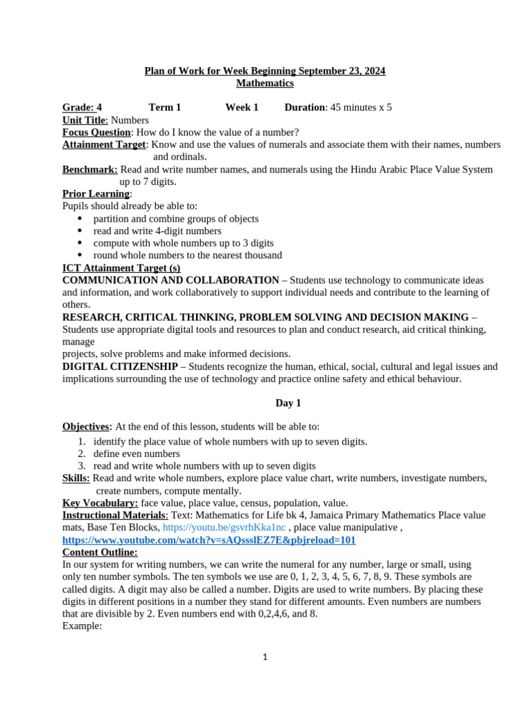 Lesson Plan September 23 2024 WK 1 Place Value Grade 4 | PDF | Literacy ...
