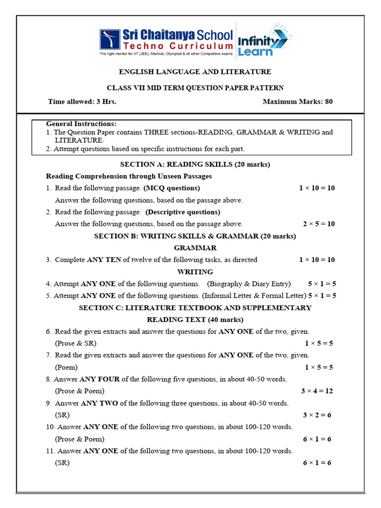 CBSE English Class 7 Mid Term Question Pper Pattern 2024 - 2025 | PDF