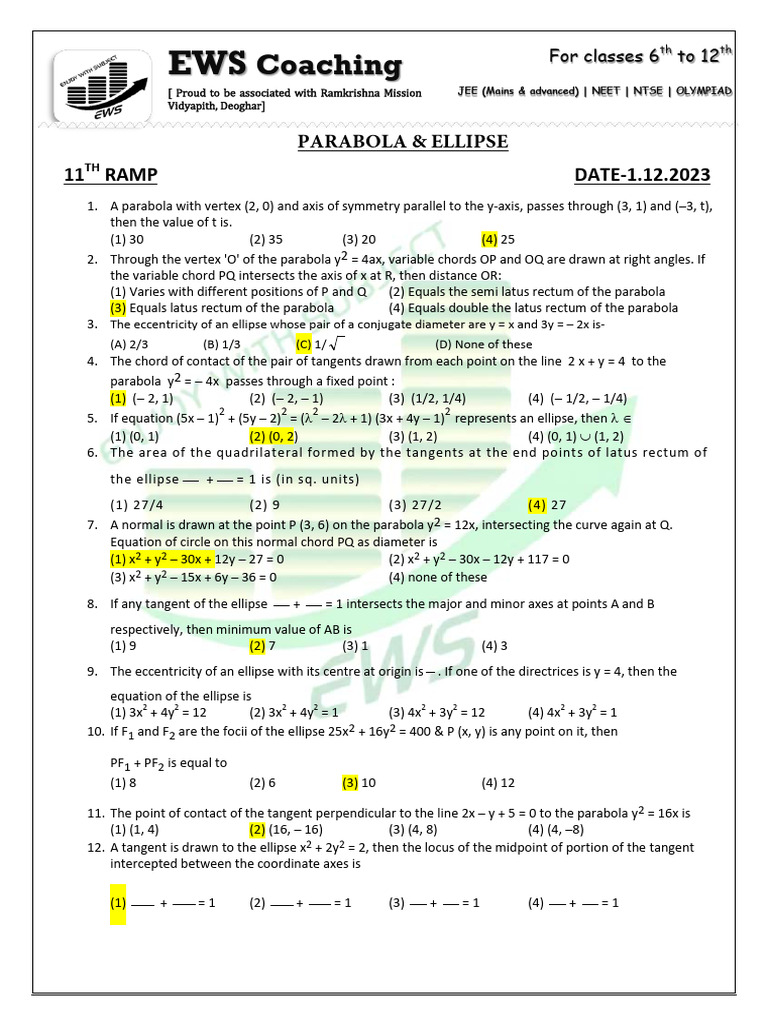 11th Grade Maths: Parabola & Ellipse Test | PDF | Ellipse | Analytic ...