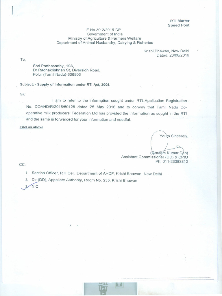 Information Under RTI Act 2005 To SH Parthasarthy Dated 23.08.2016 | PDF