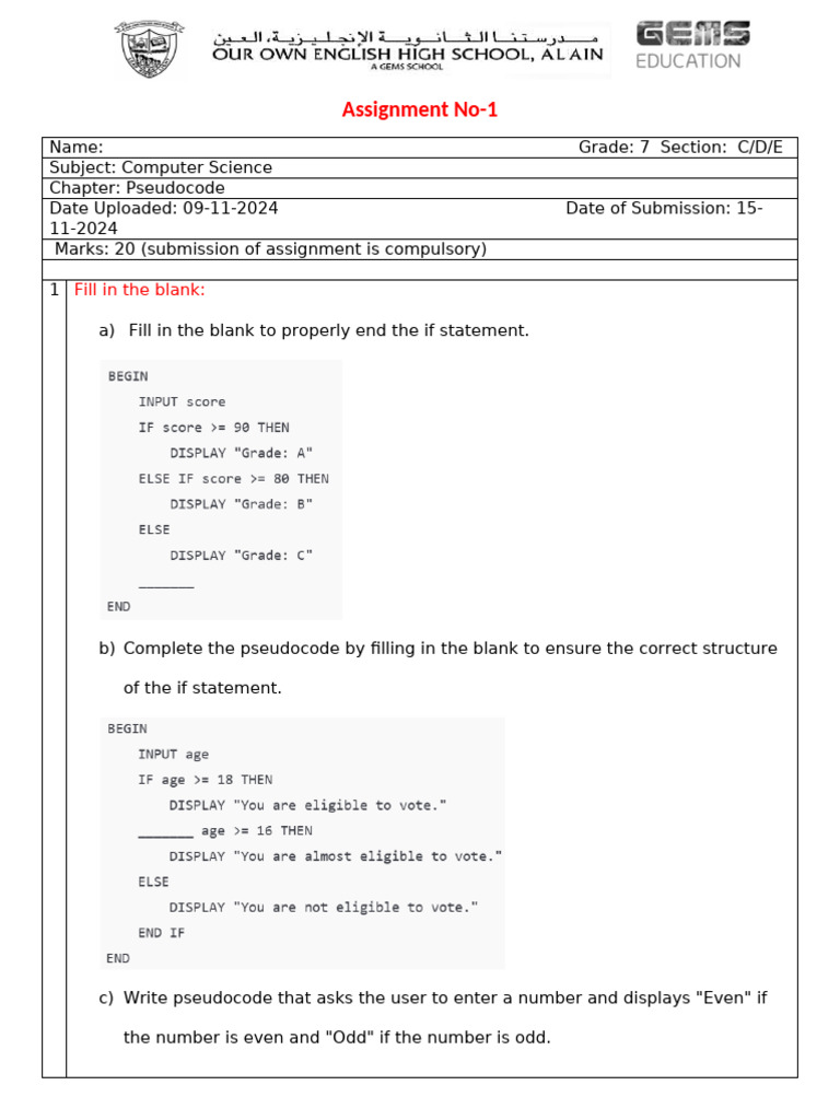 Grade 7 Pseudocode Assignment | PDF