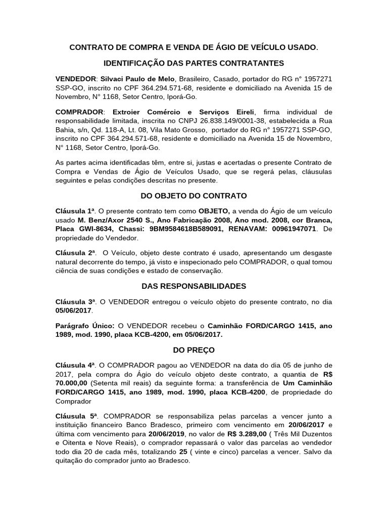Contrato de Compra e Venda de Ágio de Veículo Usado | PDF