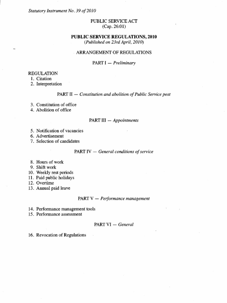 Public Service Regulations, S. I. No. 39 of 2010 | PDF | Overtime ...