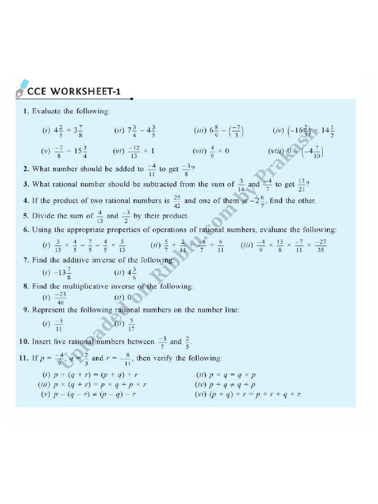 Rational Numbers Worksheet For Class 8 With Answers | PDF