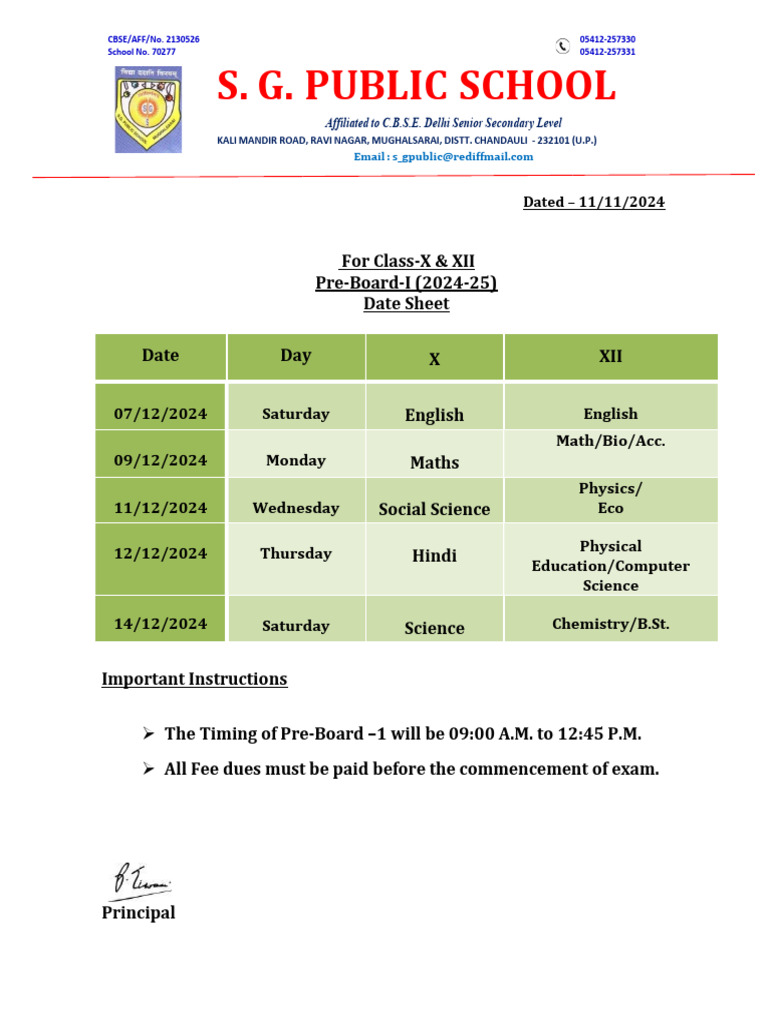 Date Sheet Pre-Board - I (2024-25) | PDF