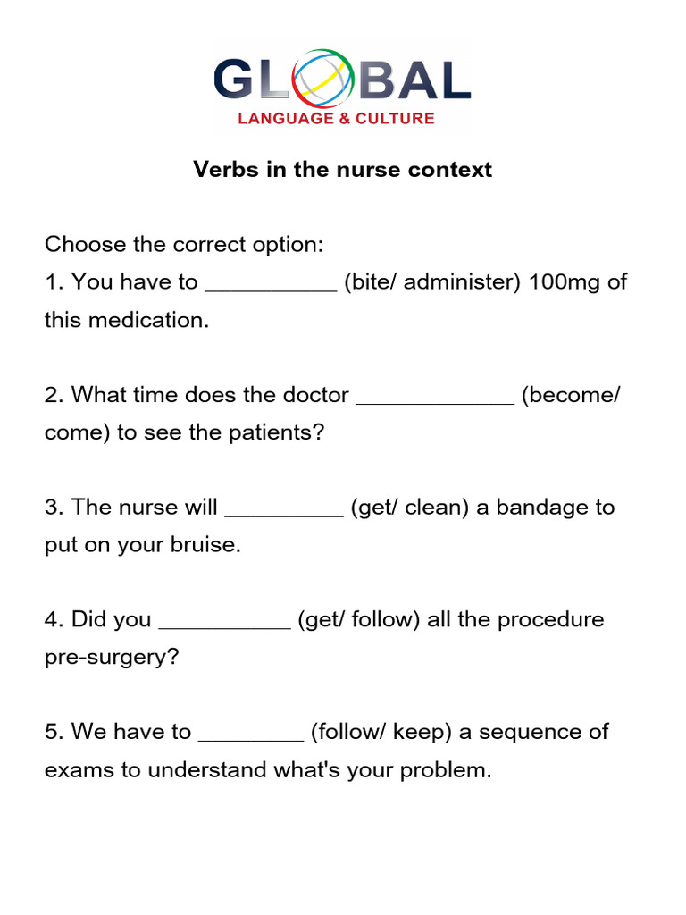 Verbs in The Nurse Context | PDF | Wound | Diseases And Disorders