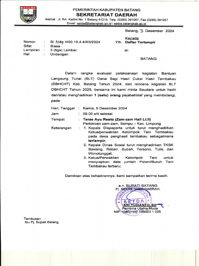 Surat Undangan Evaluasi BLT DBHCHT 2024 | PDF