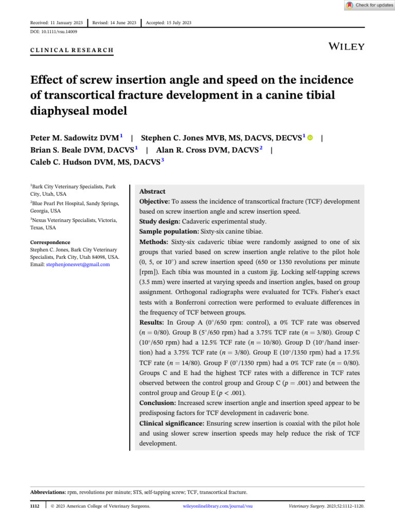 Veterinary Surgery 2023 Sadowitz Effect of Screw Insertion Angle and ...