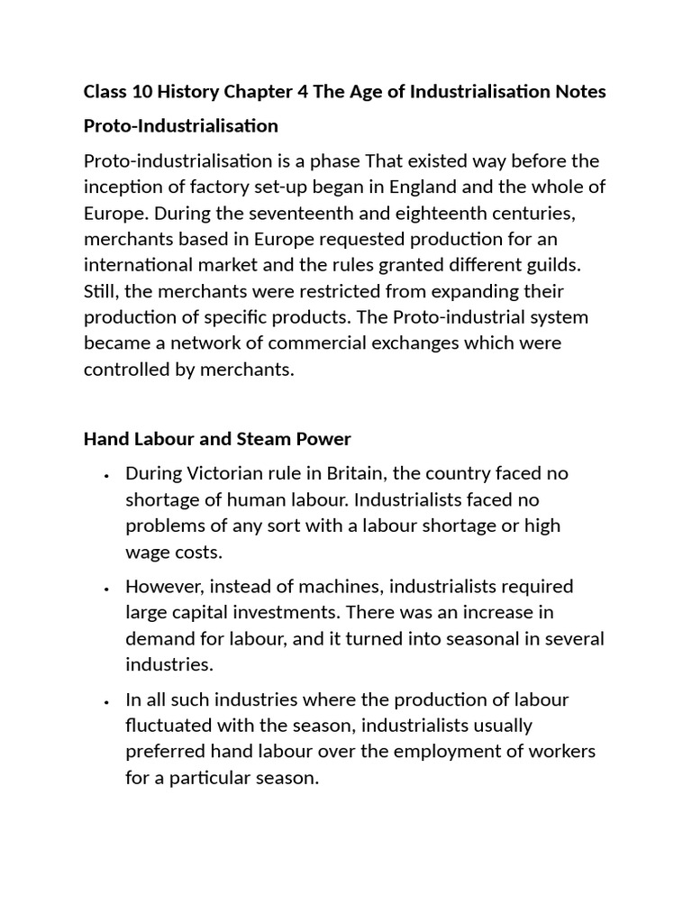 Acr Class 10 History Chapter 4 The Age of Industrialisation Notes | PDF ...