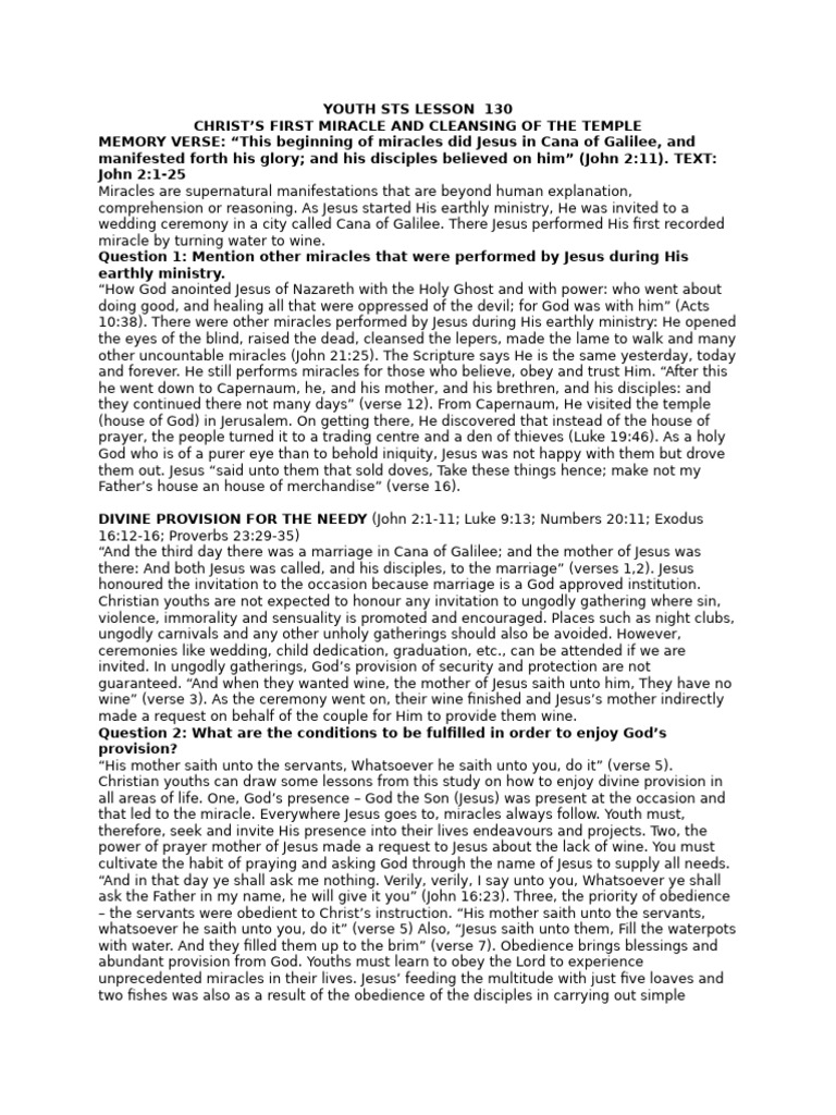 Youth STS Lesson 130 - Christ's First Miracle and Cleansing of The Temple | PDF | Jesus ...