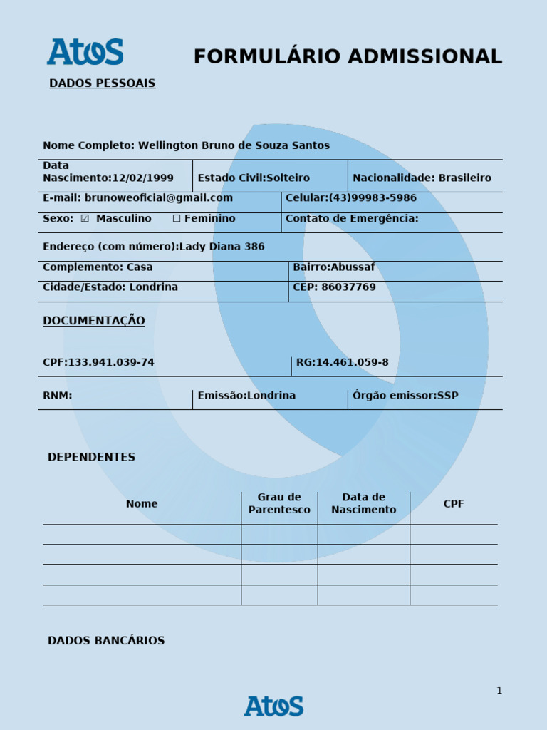 Formulário Admissional Atos - (ENVIAR EM WORD) | PDF