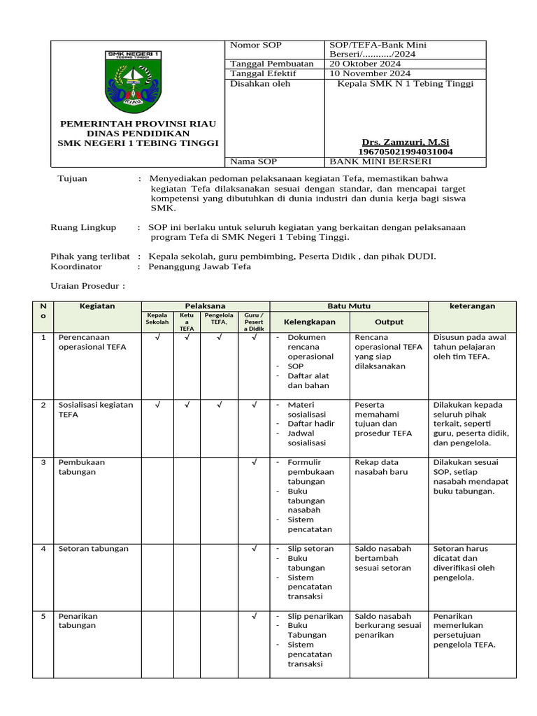 SOP Bank Mini SMK Negeri 1 Tebing Tinggi | PDF