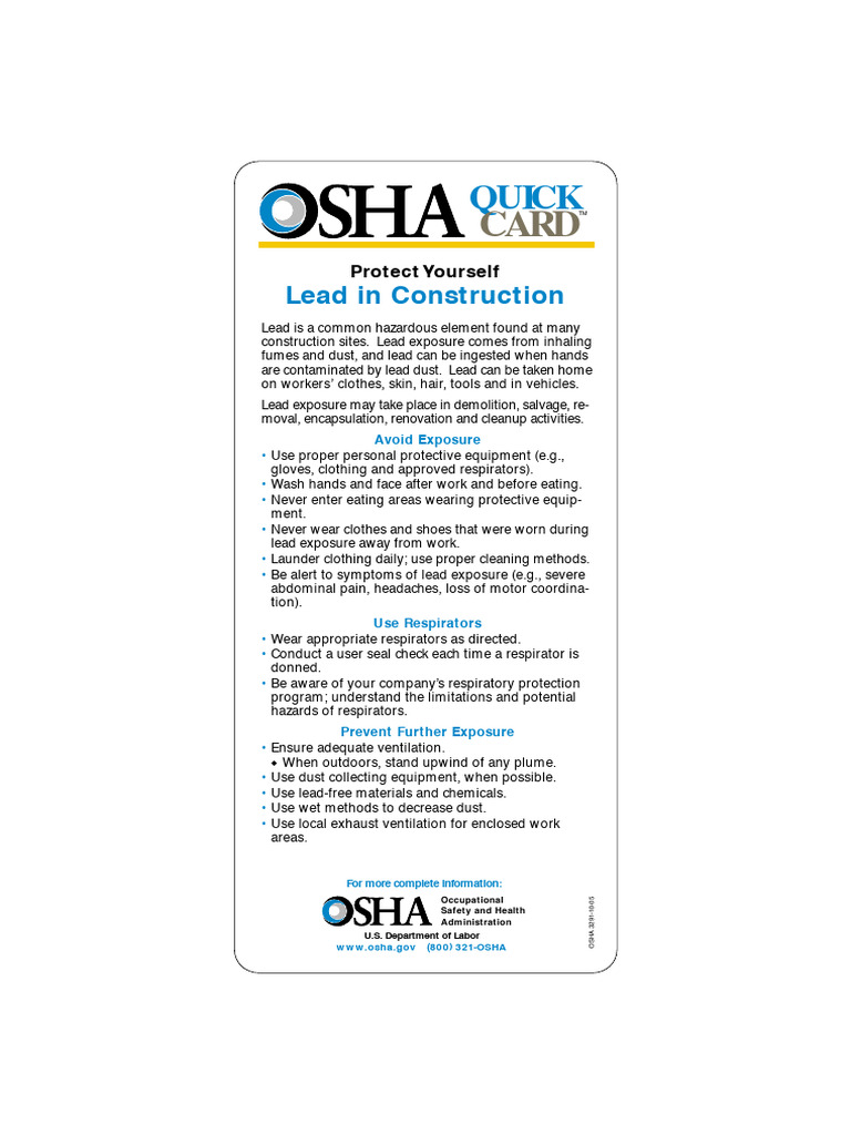 Lead in Construction - Quick Card OSHA | PDF