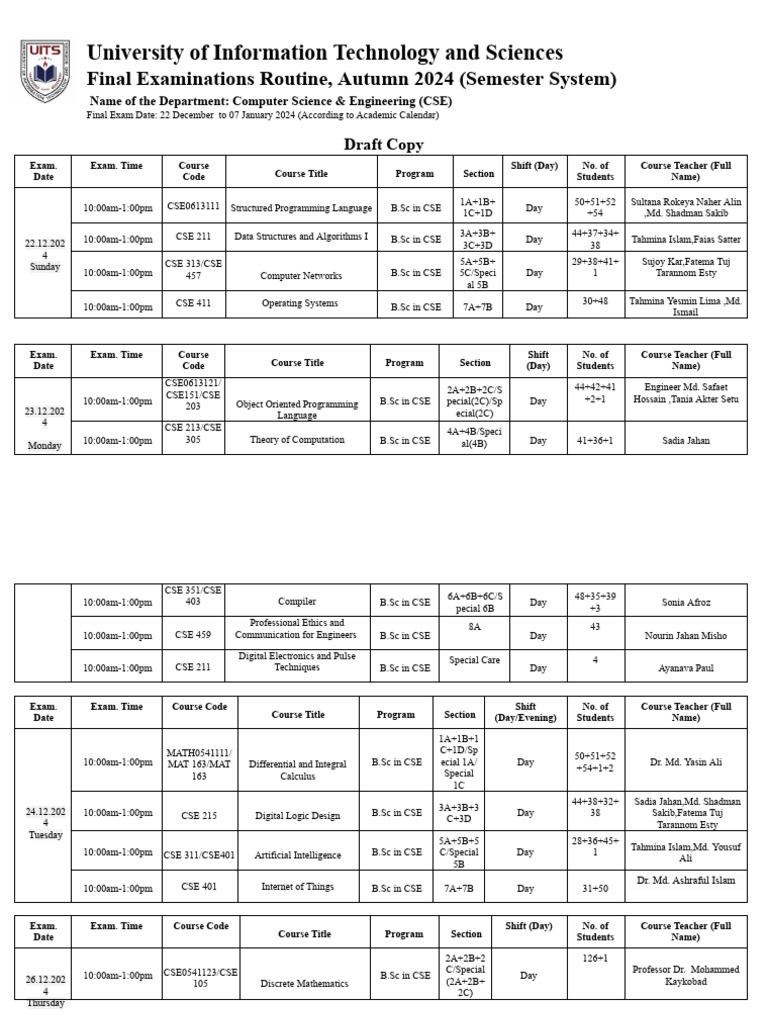 Final Exam Routine Format of The Semester Autumn 2024 | PDF ...